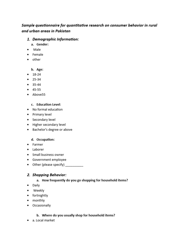 Sample Questionnaire For Quantitative Research On Consumer Behavior in ...