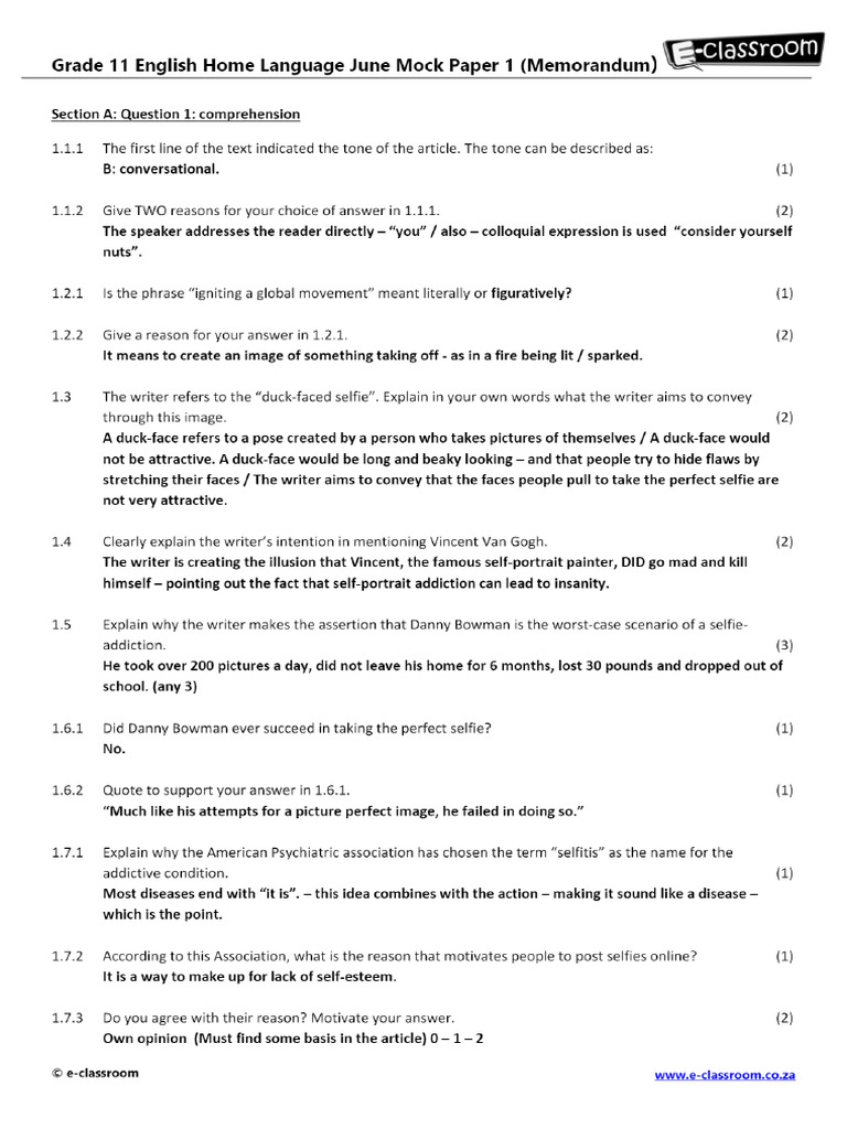 eclassroom paper 1 mock exam memo | PDF