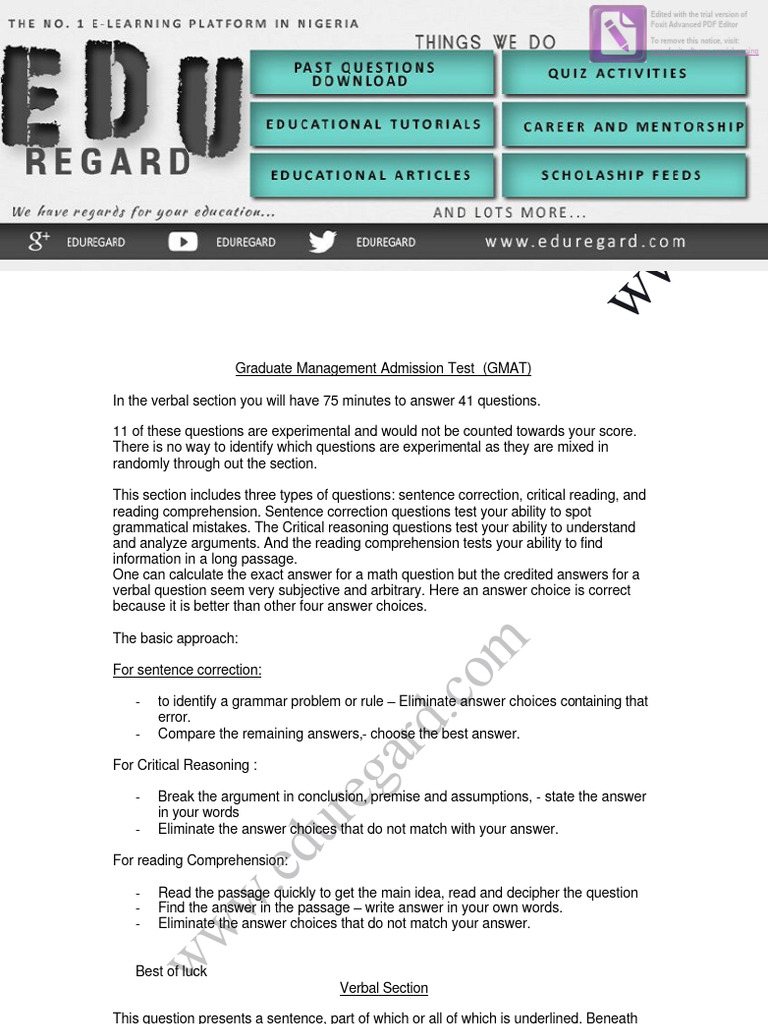 GMAT VERBAL PAST Q&A (Eduregard - Com) | PDF | Graduate Management ...