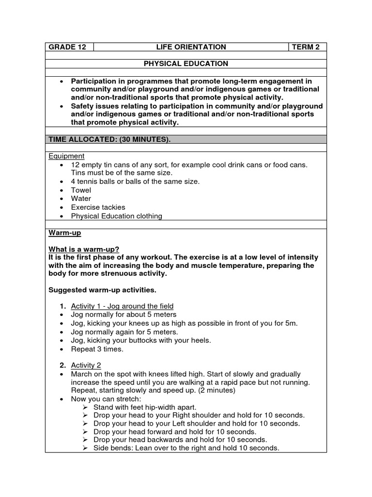 Grade 12 Physical Education Activities | PDF | Physical Exercise