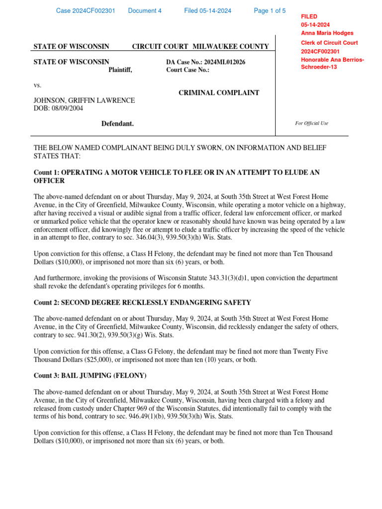 Griffin Johnson Criminal Complaint | PDF | Traffic | Wisconsin Circuit Courts