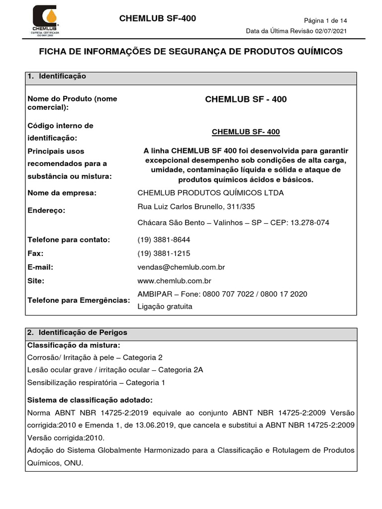Fispq CHEMLUB SF 400 | PDF | Dióxido de carbono | Solubilidade