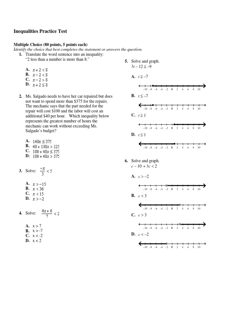 Inequalities Practice Test | PDF