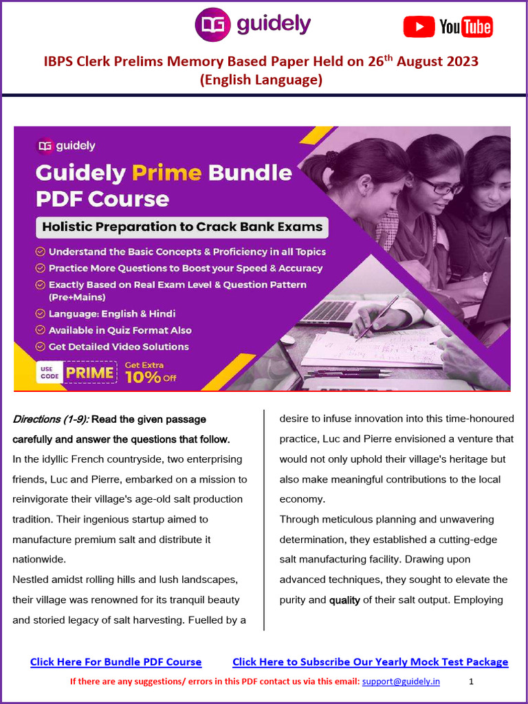 Ibps Clerk Prelims Memory Based Paper PDF Held On 26th August English | PDF | Startup Company ...
