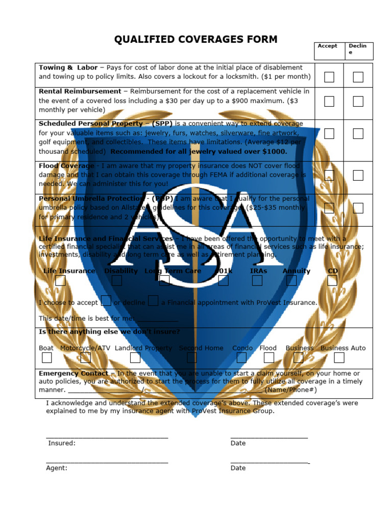ASA Qualified Coverages Form | PDF | Insurance | Life Insurance