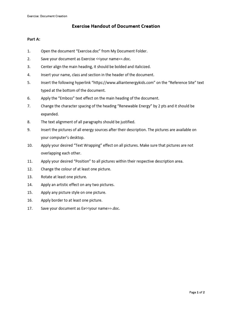 Document Creation - Exercise Handout | PDF | Computer File | Paragraph