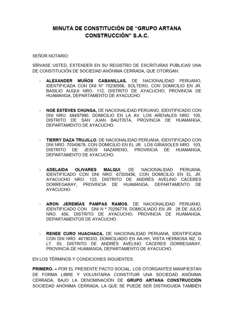 Minuta de Constituion de Empresa - Trabajo de Intituto | PDF