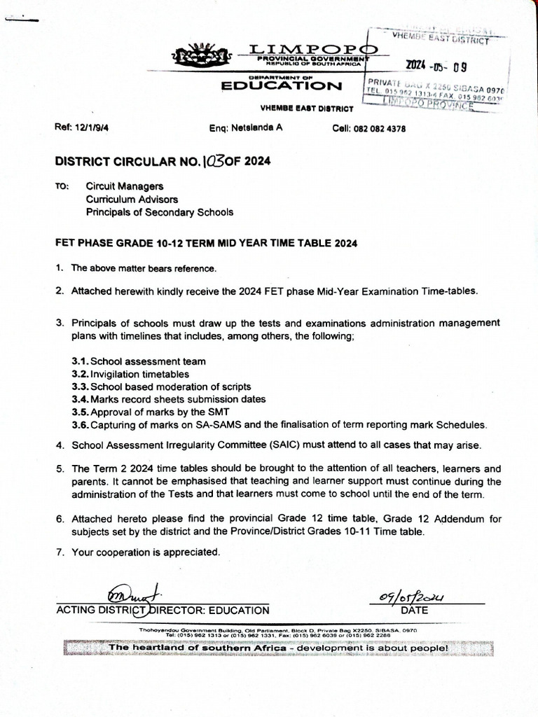 Term 2 Fet Time Table Circular GR 10-12 Term 2 District Circular No ...