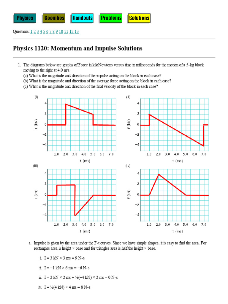 PHYS 1120 Momentum and Impulse Solutions | PDF | Collision | Momentum