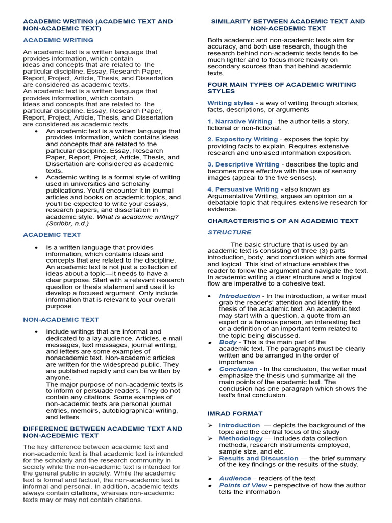 Academic Writing (Academic Text and Non-Academic Text) | PDF | Essays ...