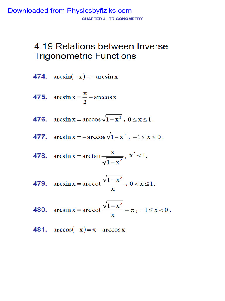 4.19 Trigonometry - Relations Between Inverse Trigonometric Functions | PDF