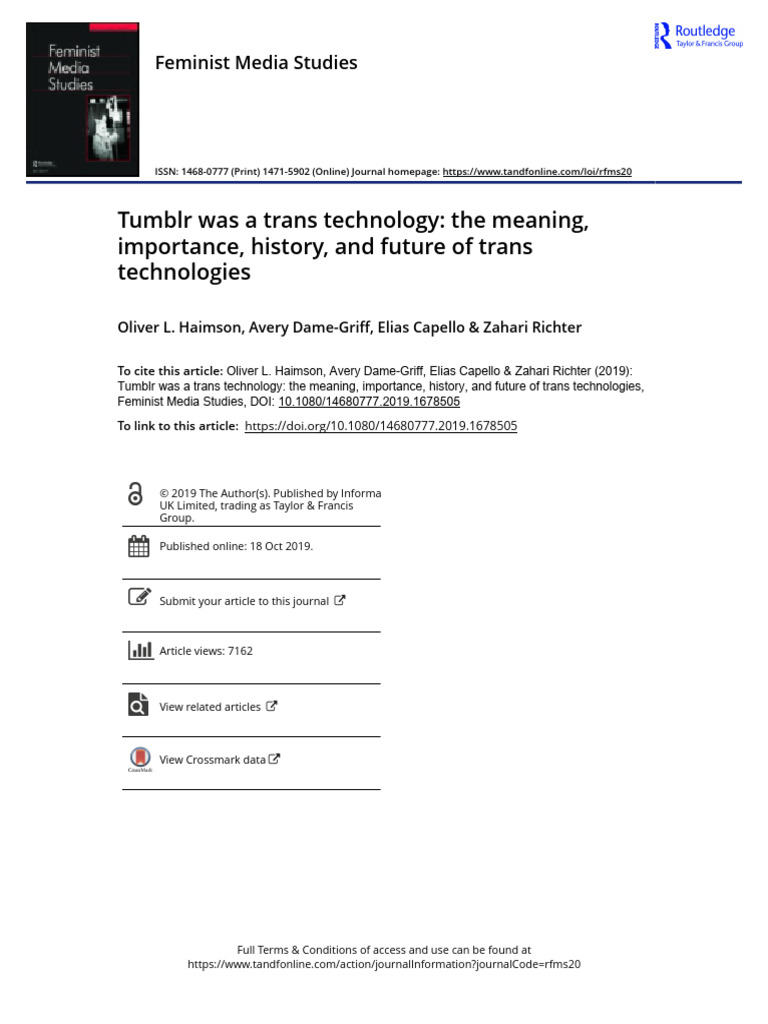 Haimson Et Al - Tumblr Was A Trans Technology The Meaning Importance History and Future of Trans ...