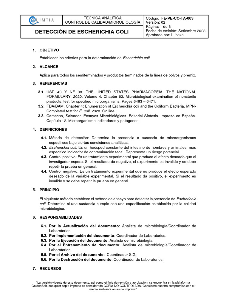 FE-PE-CC-TA-003 DETECCIÓN DE ESCHERICHIA COLI (1) | PDF | Escherichia coli | Biología