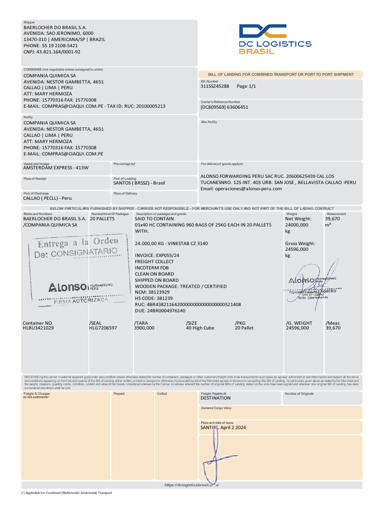 BAERLOCHER DO BRASIL 8 HBL Final | Download Free PDF | Cargo | Shipping