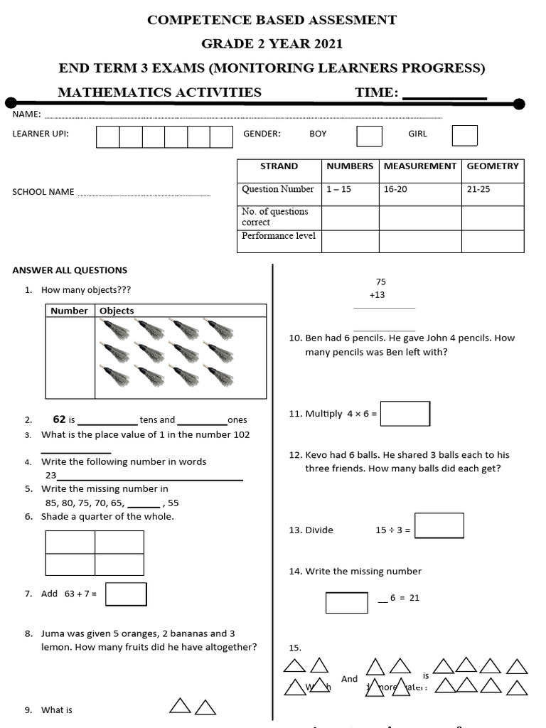 Grade 2 Mathematical Activities End of Term 3 Examination Kyztqf | PDF ...