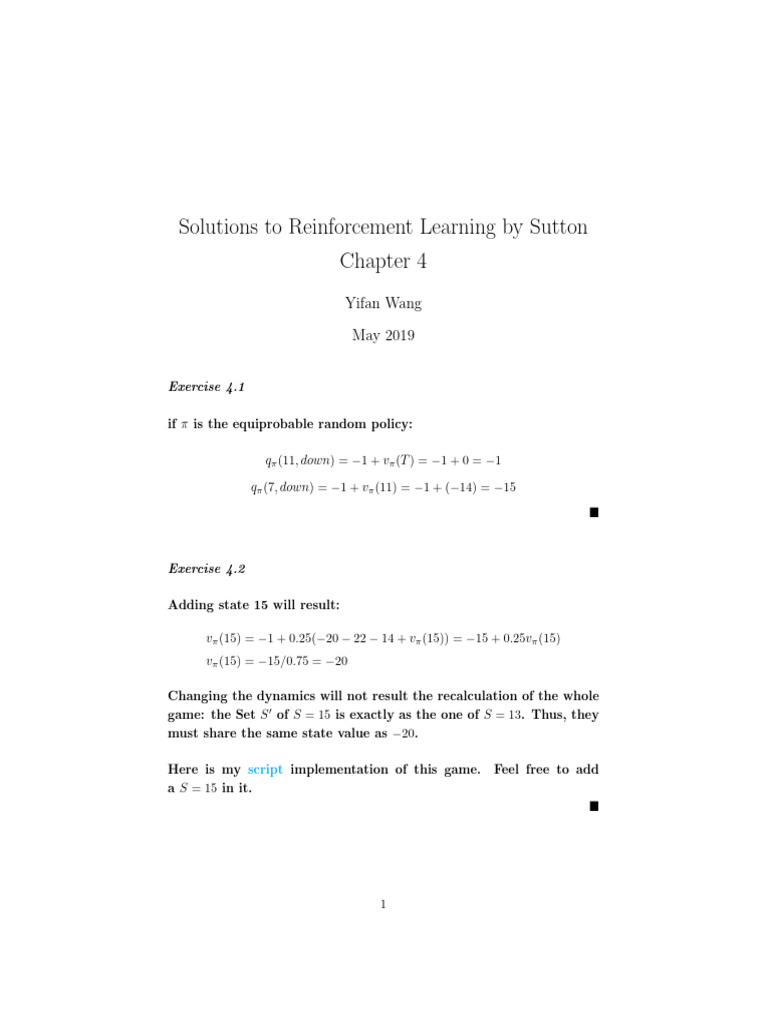 Solutions To Reinforcement Learning by Sutton Chapter 4 r5 | PDF ...