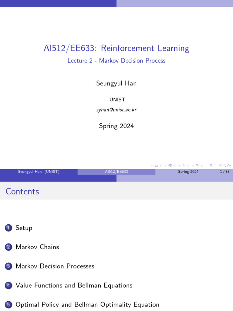 AI512/EE633: Reinforcement Learning: Lecture 2 - Markov Decision Process | PDF | Applied ...