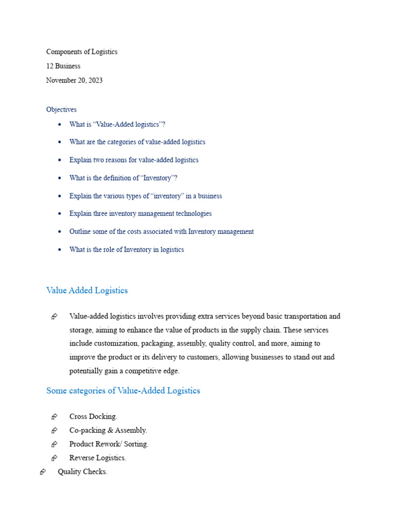 Components of Logistics | PDF | Logistics | Inventory