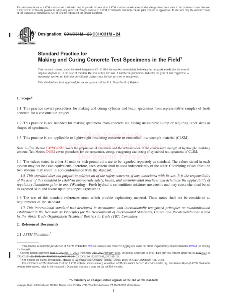 Astm C31 C31M 24 | PDF | Concrete | Cement