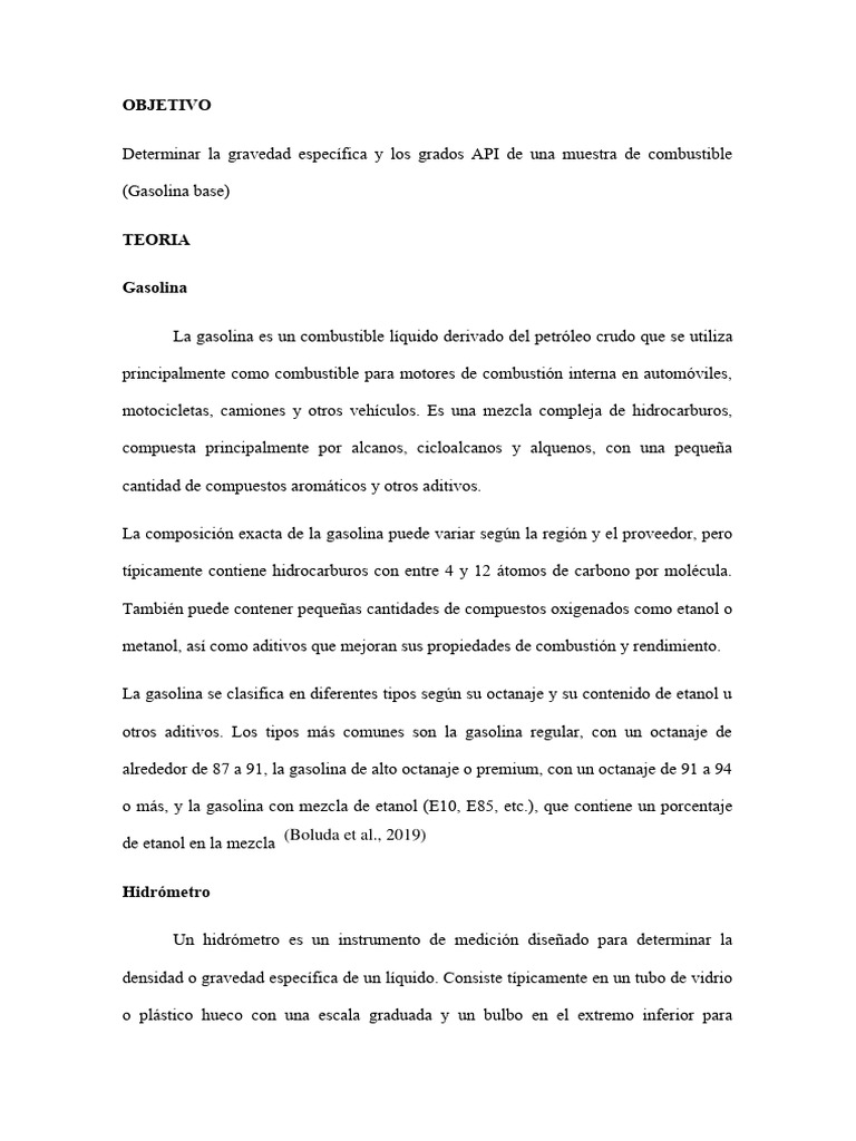 Gravedad API Obj, Teoria, Materiales | PDF | Petróleo | Gasolina