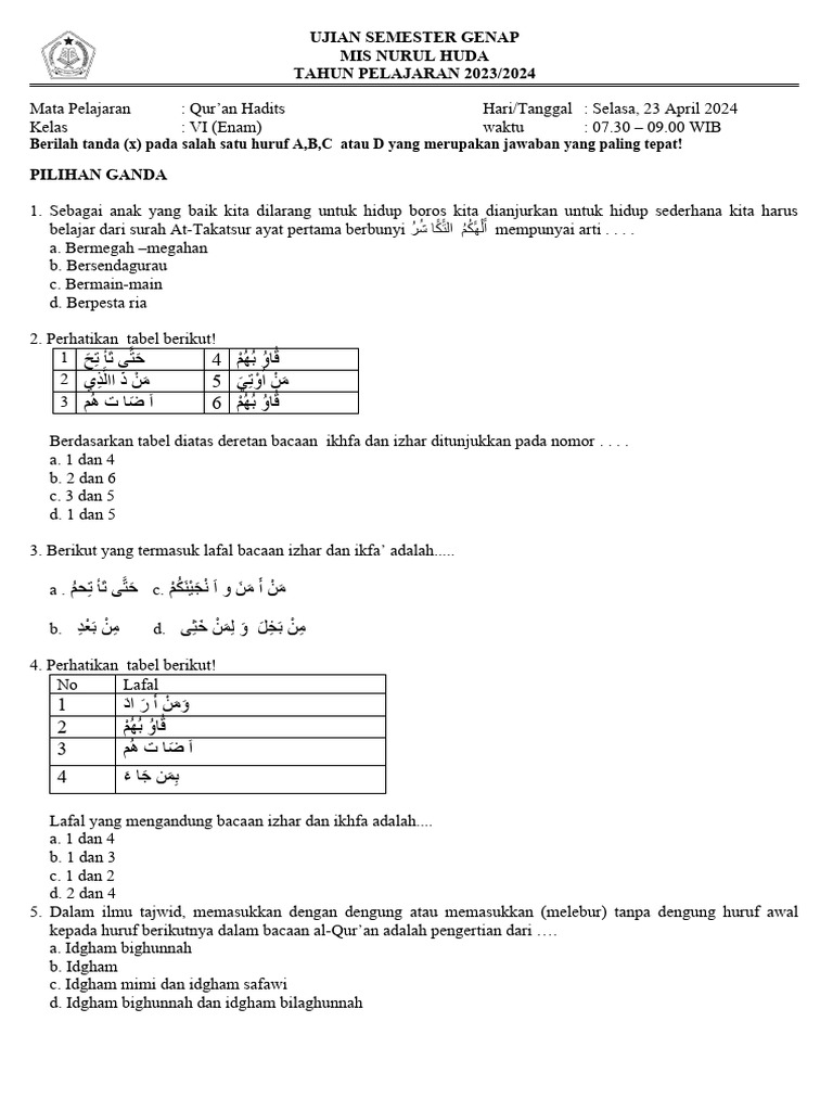 Uas - Qur'an Hadits | PDF