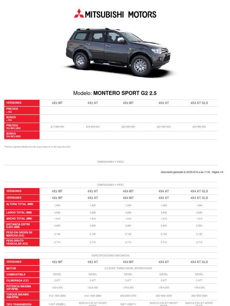 Dimensiones y Peso Mitsubishi Montero Sport | PDF | Tracción en las ...