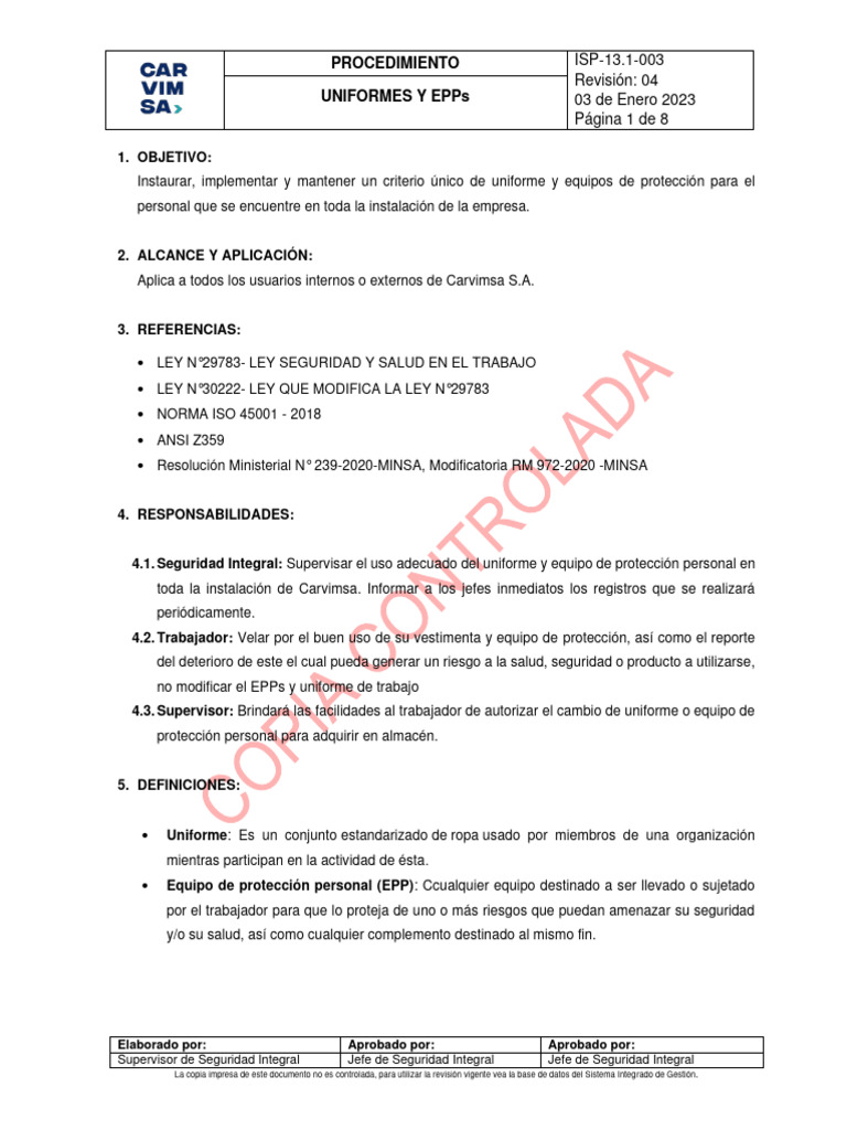 ISP-13.1-003 PROCEDIMIENTO DE UNIFORMES Y EPPS Rev.04 | PDF