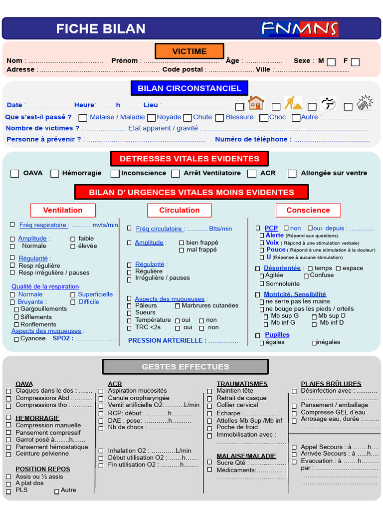 Fiche Bilan Secouriste 2024 | PDF | Médecine clinique | Physiologie
