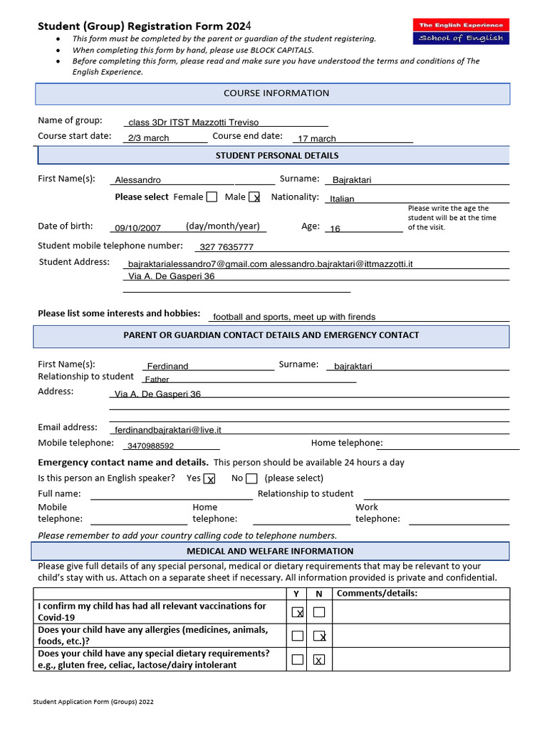 STUDENT (GROUP) Registration Form 2024 | PDF