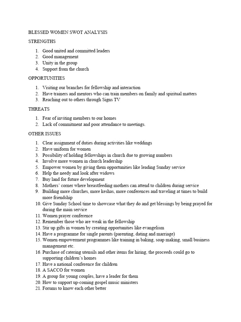 Women's Ministry SWOT Analysis Report | PDF