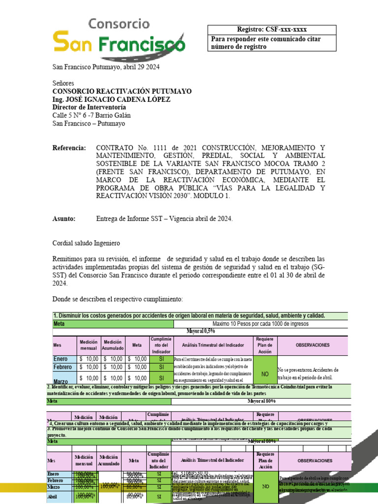 Informe SST Abril 2024 - Consorcio San Francisco | PDF