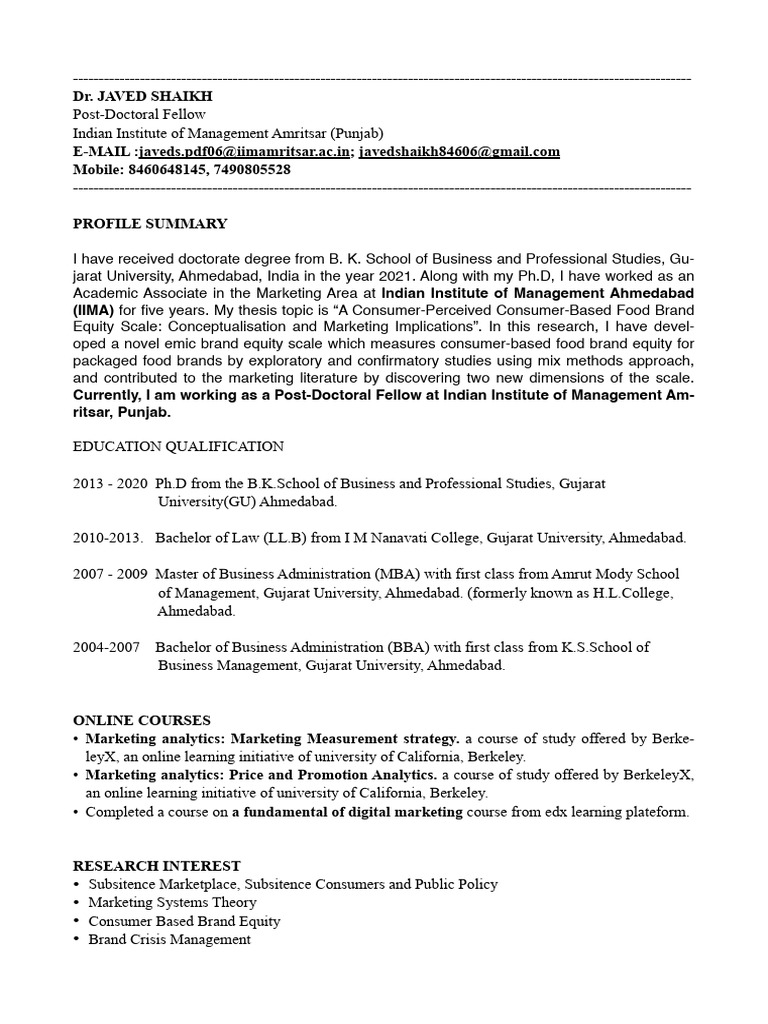 DR Javed S Resume | PDF | Brand | Consumer Behaviour
