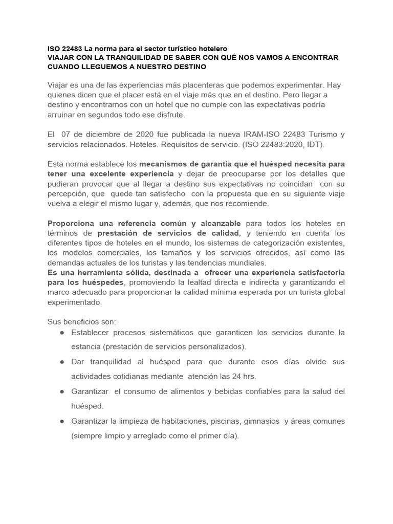 ISO 22483 La Norma para El Sector Turístico Hotelero | PDF | Hotel ...