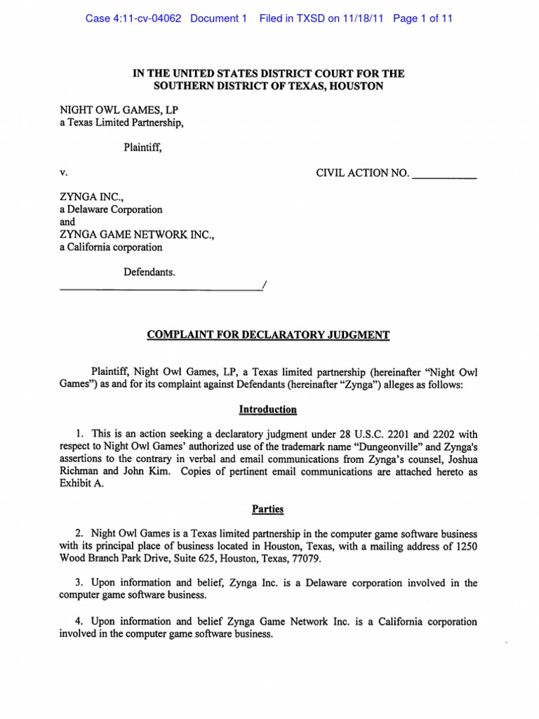 Night Owl Games V Zynga Declaratory Judgment Complaint | PDF