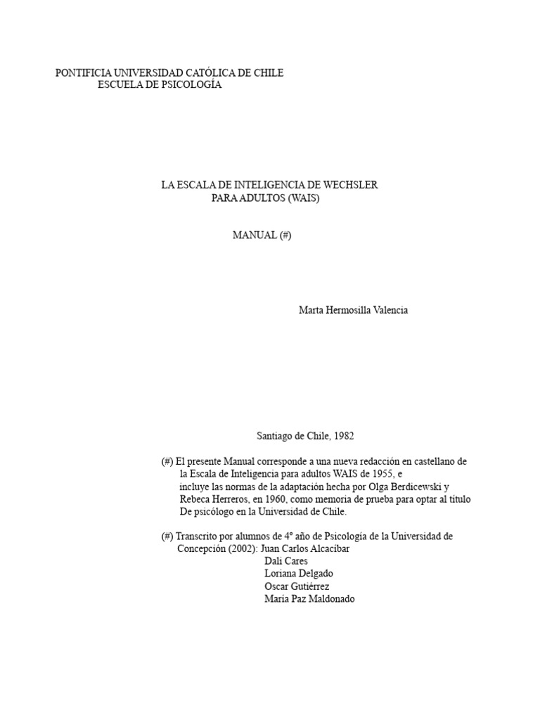 Manual Test de Inteligencia de Wechsler para Adultos (Wais) | Descargar ...