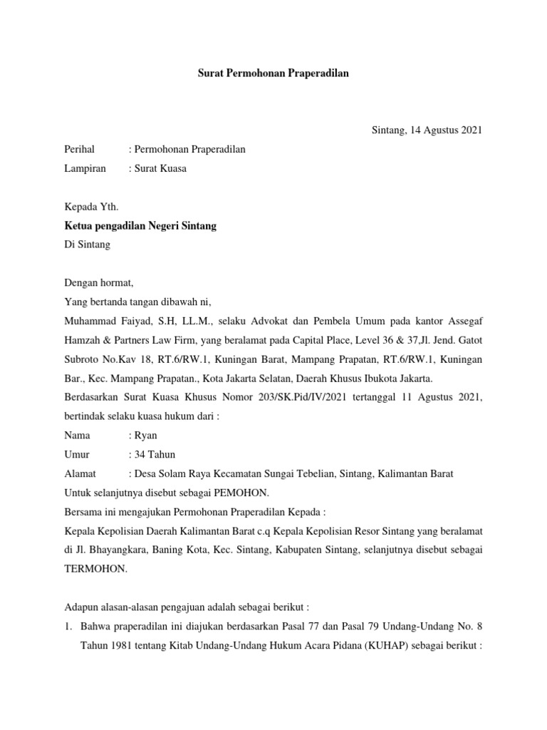 Contoh Surat Permohonan Praperadilan | PDF