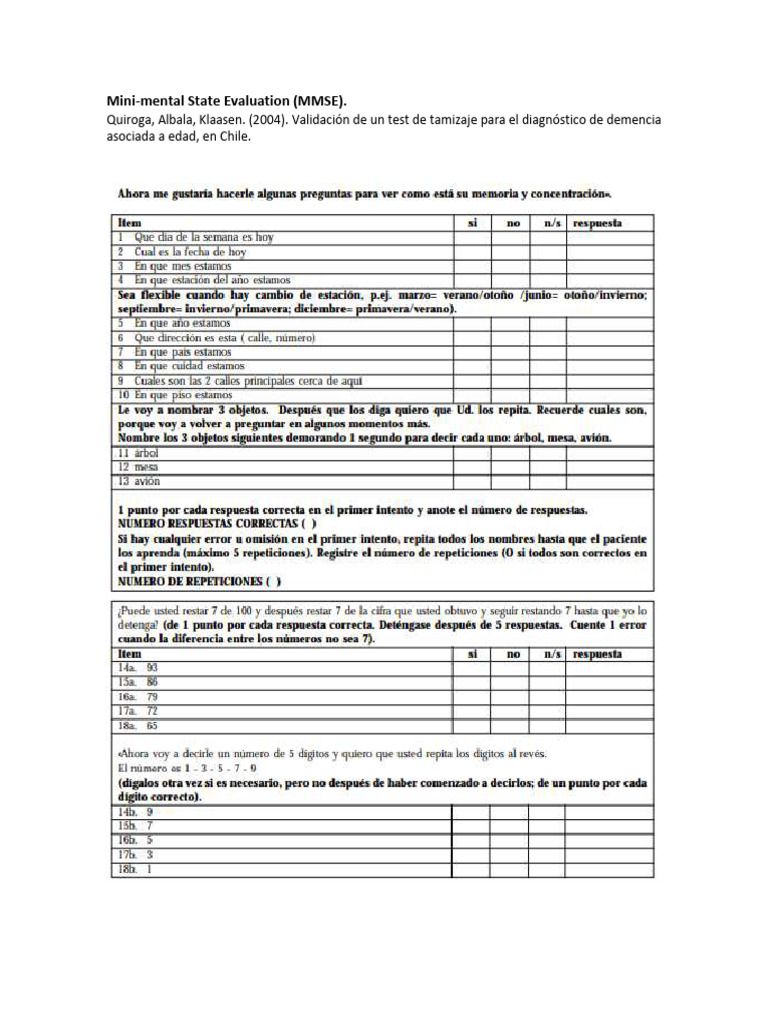 Mini Mental State Evaluation MMSE | PDF | Ciencia cognitiva | Ciencias ...