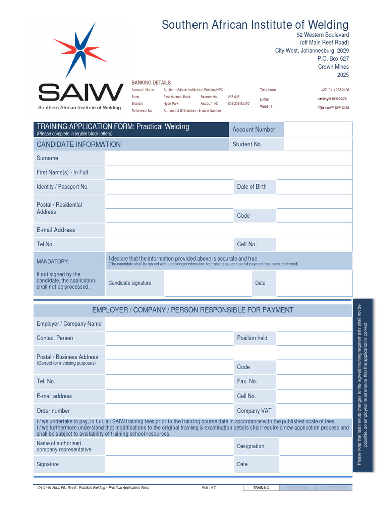 101 01 01 Form P01 Training Application Practical Welding Practical ...