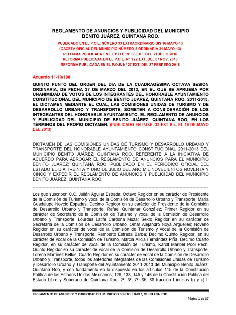 Reglamento de Anuncios y Publicidad Del Municipio Benito Juárez, Quintana Roo. | PDF ...