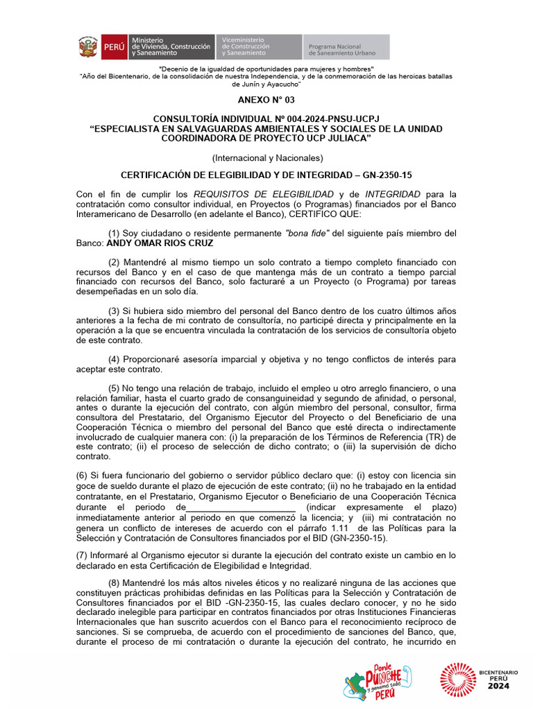ANEXO N°03 - DDJJ Certificado Elegibilidad | PDF | Bancos