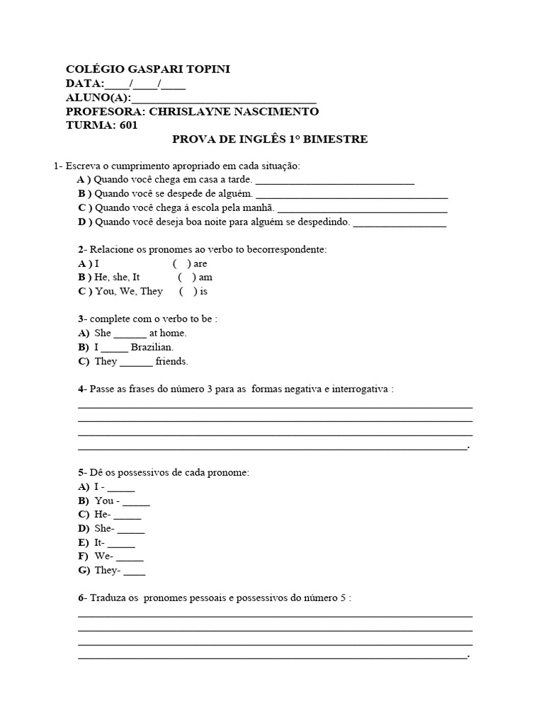 Prova 6 Ano de Ingles 1b 2024 | PDF | Artes Linguísticas e Disciplina