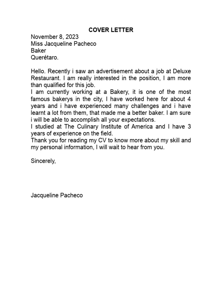 Baker Cover Letter for Deluxe Restaurant | PDF