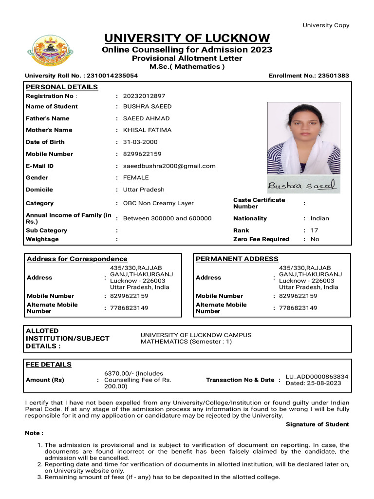 Apps - Lkouniv.ac - in Lu23cons PGCounselling AllotmentLetterPG | PDF | Fee