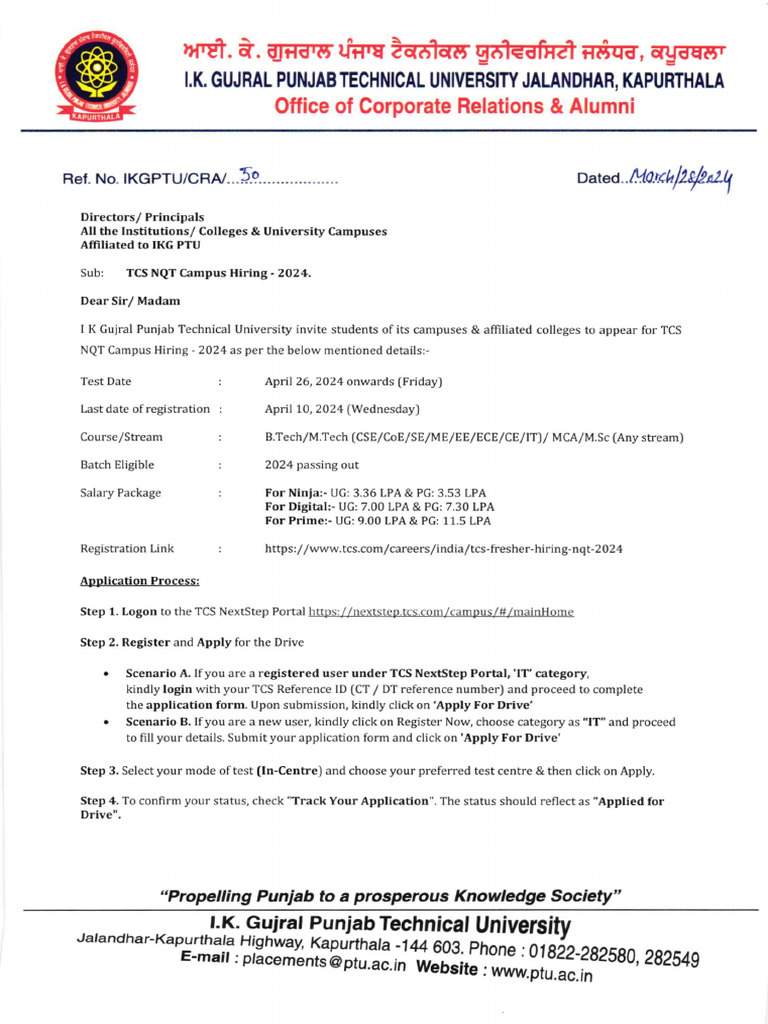 Letter TCS NQT Campus Hiring 2024 | PDF