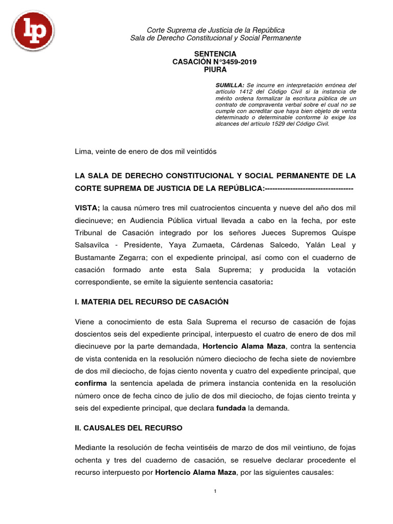Casacion 3459 2019 Piura LPDerecho | PDF | Sentencia (ley) | Ley procesal Casacion 3459 2019 Piura LPDerecho | PDF | Sentencia (ley) | Ley procesal
