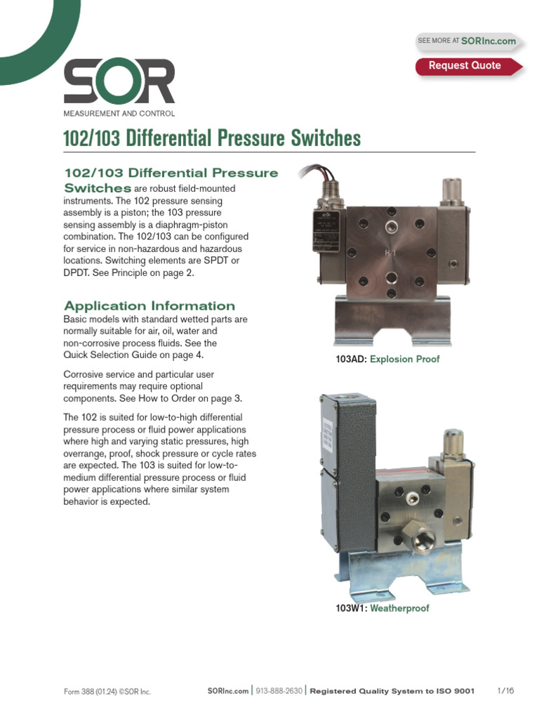 102 103 Differential Pressure Switches Cat388 | PDF | Switch | Pressure ...