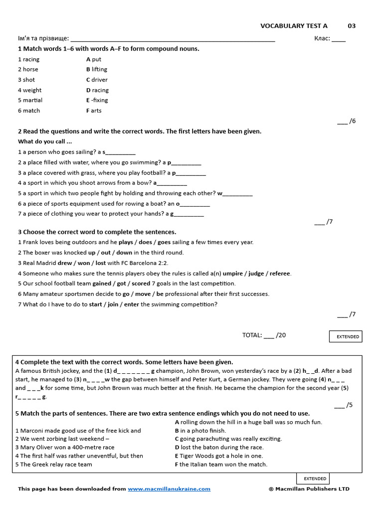 Vocabulary Test 3A | PDF | Referee | Sports