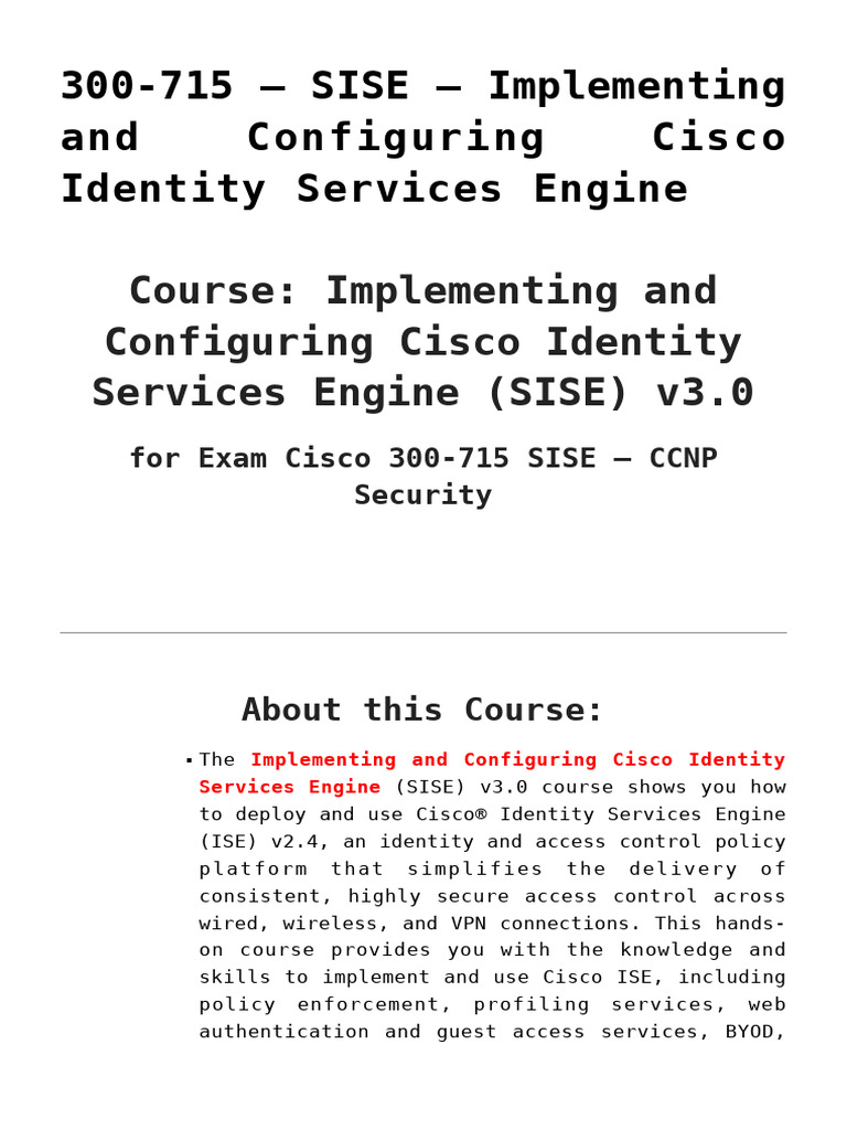 300 715 Sise Implementing and Configuring Cisco Identity Services Engine | PDF | Computer ...