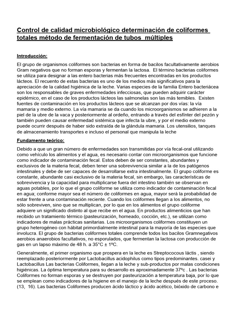 Determinación de coliformes en leche | PDF | Leche | Las bacterias