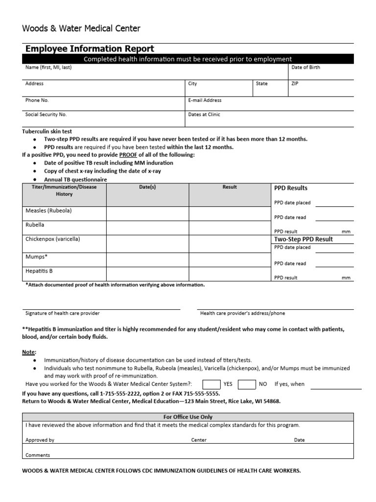 Woods & Water Medical Employment Health Report | PDF | Measles ...